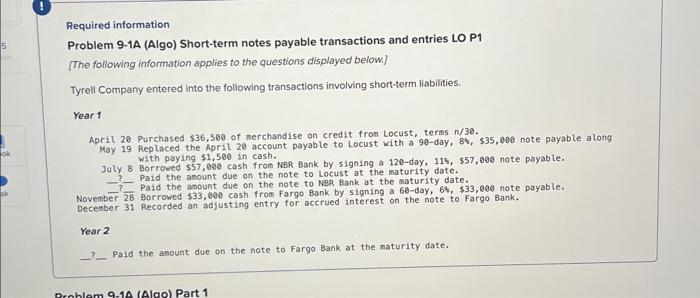 Solved Required information Problem 9-1A (Algo) Short-term | Chegg.com