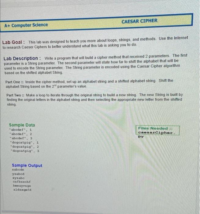 Solved CAESAR CIPHER A+ Computer Science Lab Goal: This lab | Chegg.com