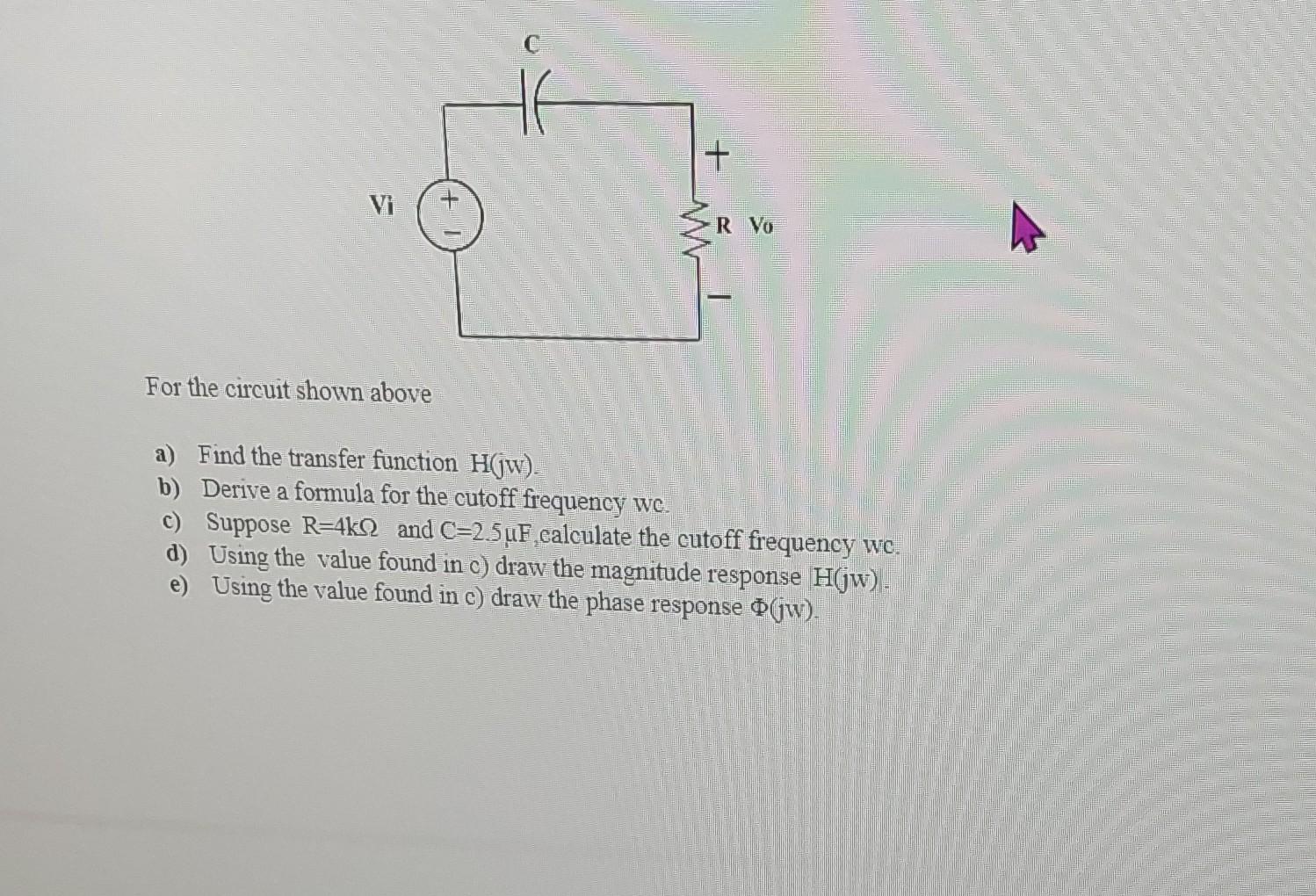 Solved For the circuit shown above a) Find the transfer | Chegg.com