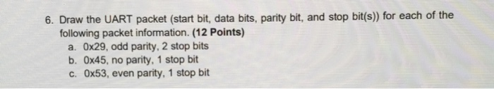 Solved 6. Draw the UART packet (start bit, data bits, parity | Chegg.com