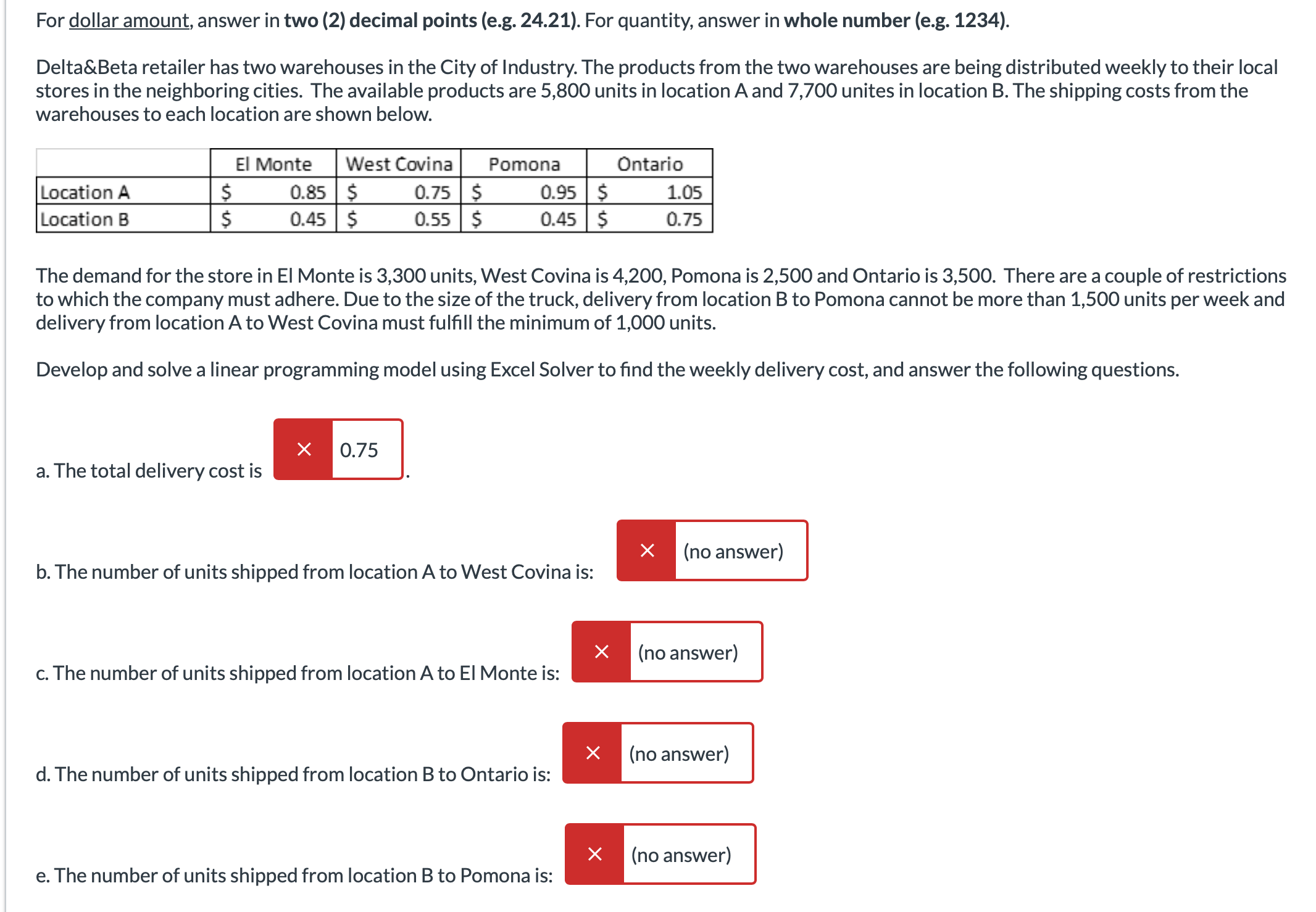 Solved e. ﻿The number of units shipped from location B to | Chegg.com