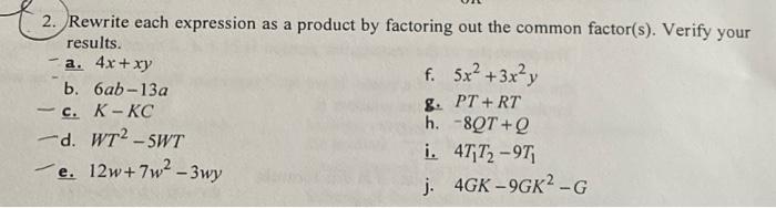 Solved 2. Rewrite each expression as a product by factoring | Chegg.com