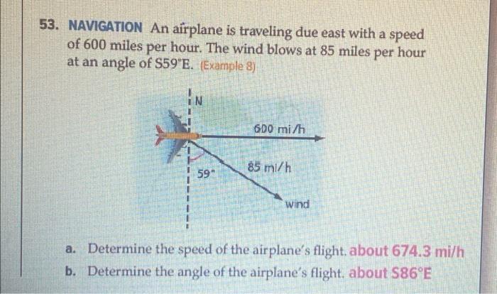 Solved 53. NAVIGATION An airplane is traveling due east with | Chegg.com
