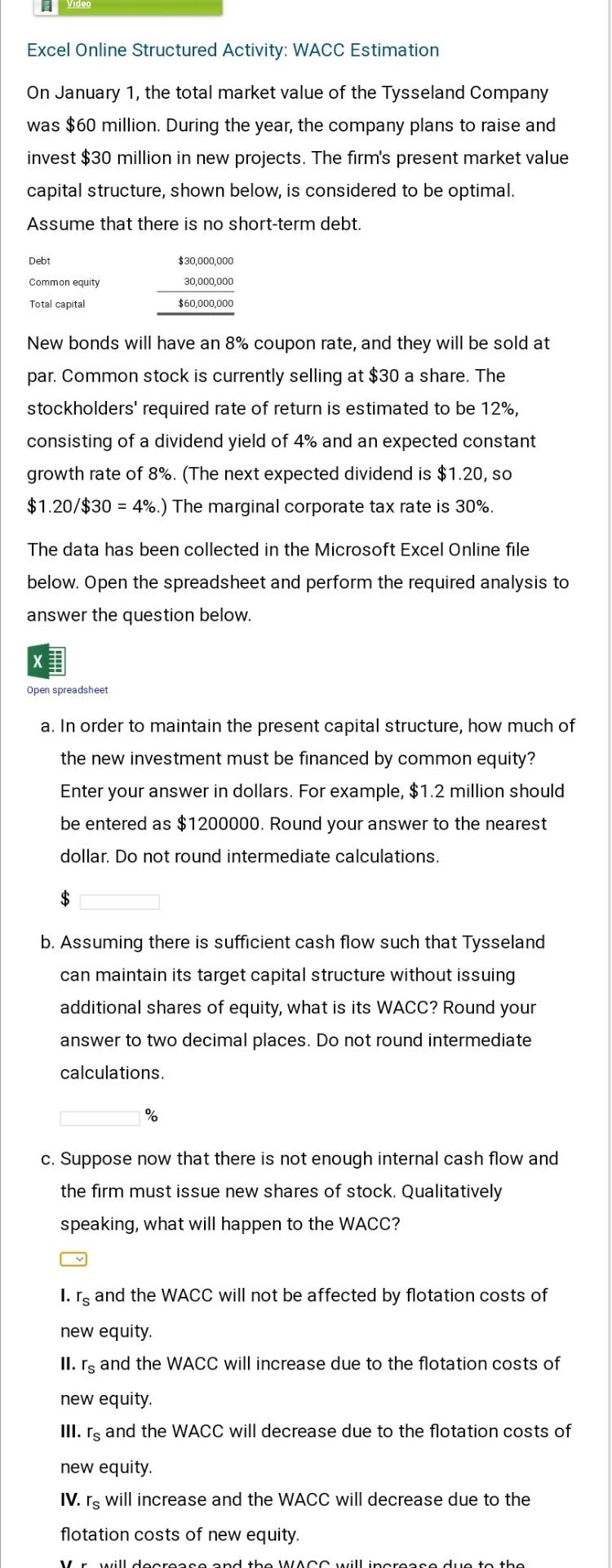 Solved Excel Online Structured Activity: WACC Estimation On | Chegg.com