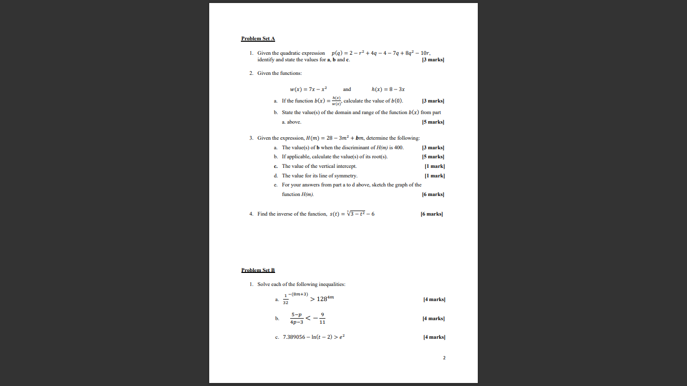 Solved Problem Set AGiven the quadratic expression | Chegg.com