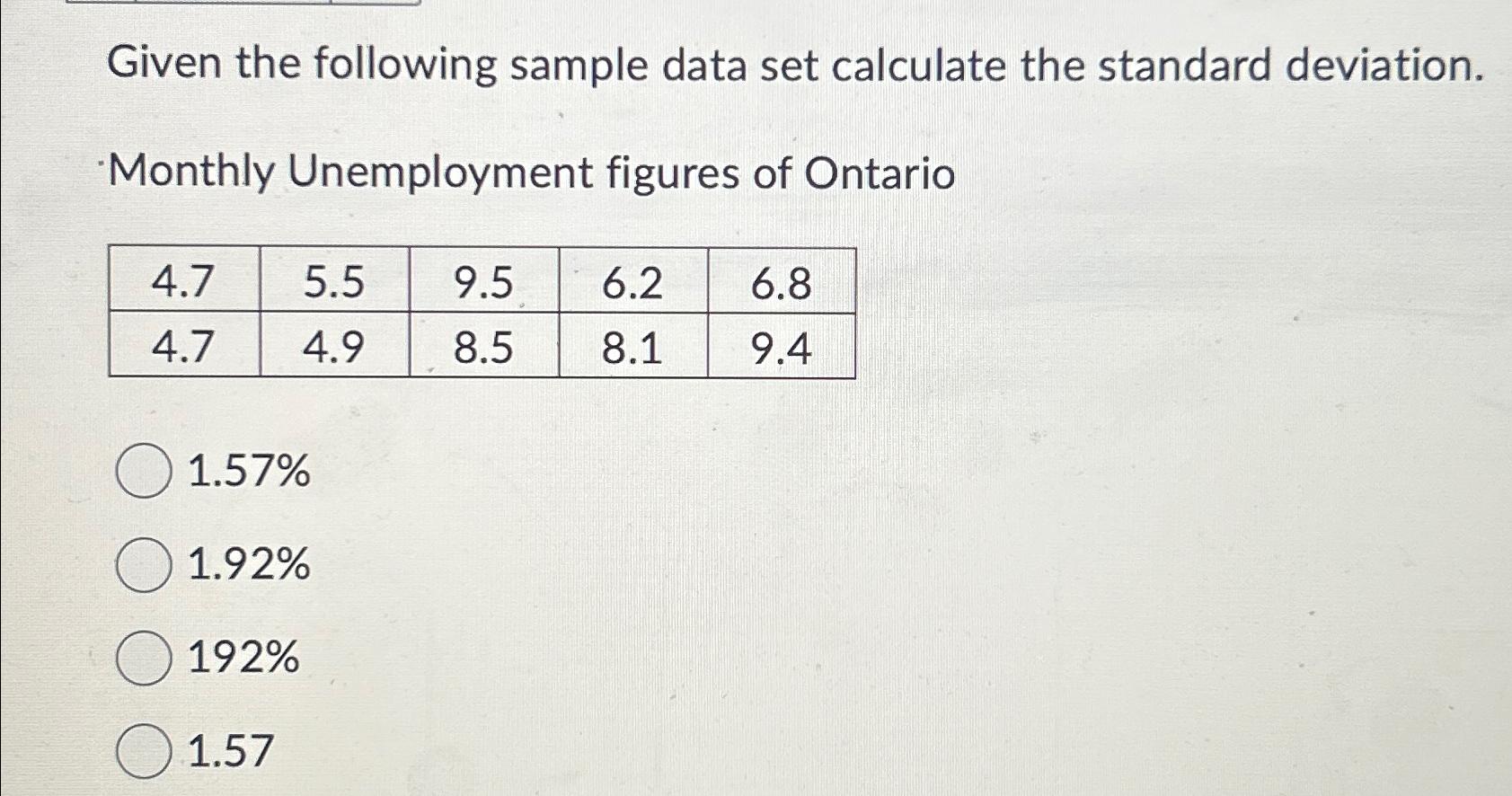 Solved Given the following sample data set calculate the | Chegg.com