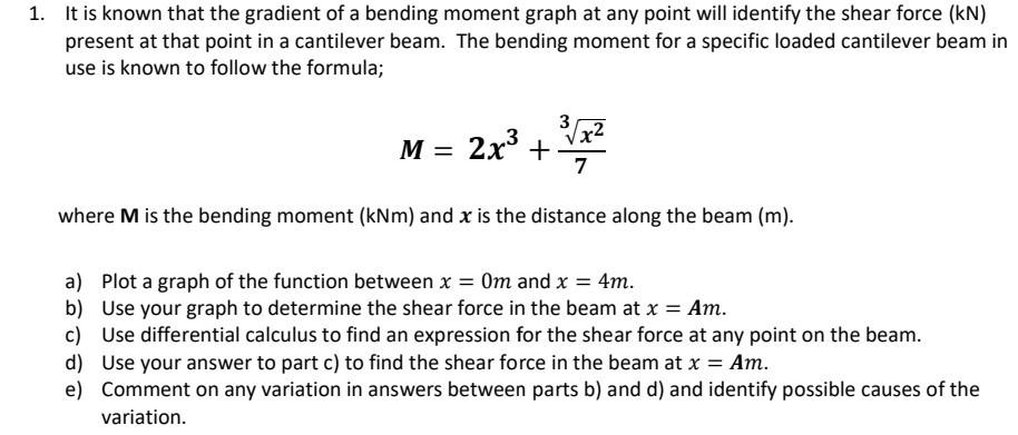 Solved 1. It is known that the gradient of a bending moment | Chegg.com