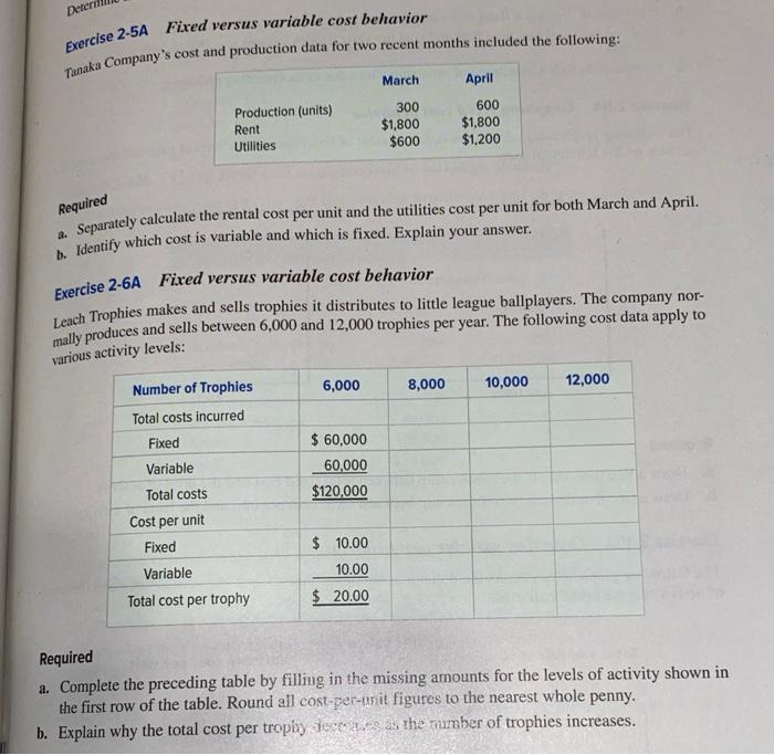 Solved Deter Exercise 2-5A Fixed versus variable cost | Chegg.com