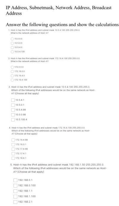 Solved IP Address, Subnetmask, Network Address, Broadcast | Chegg.com