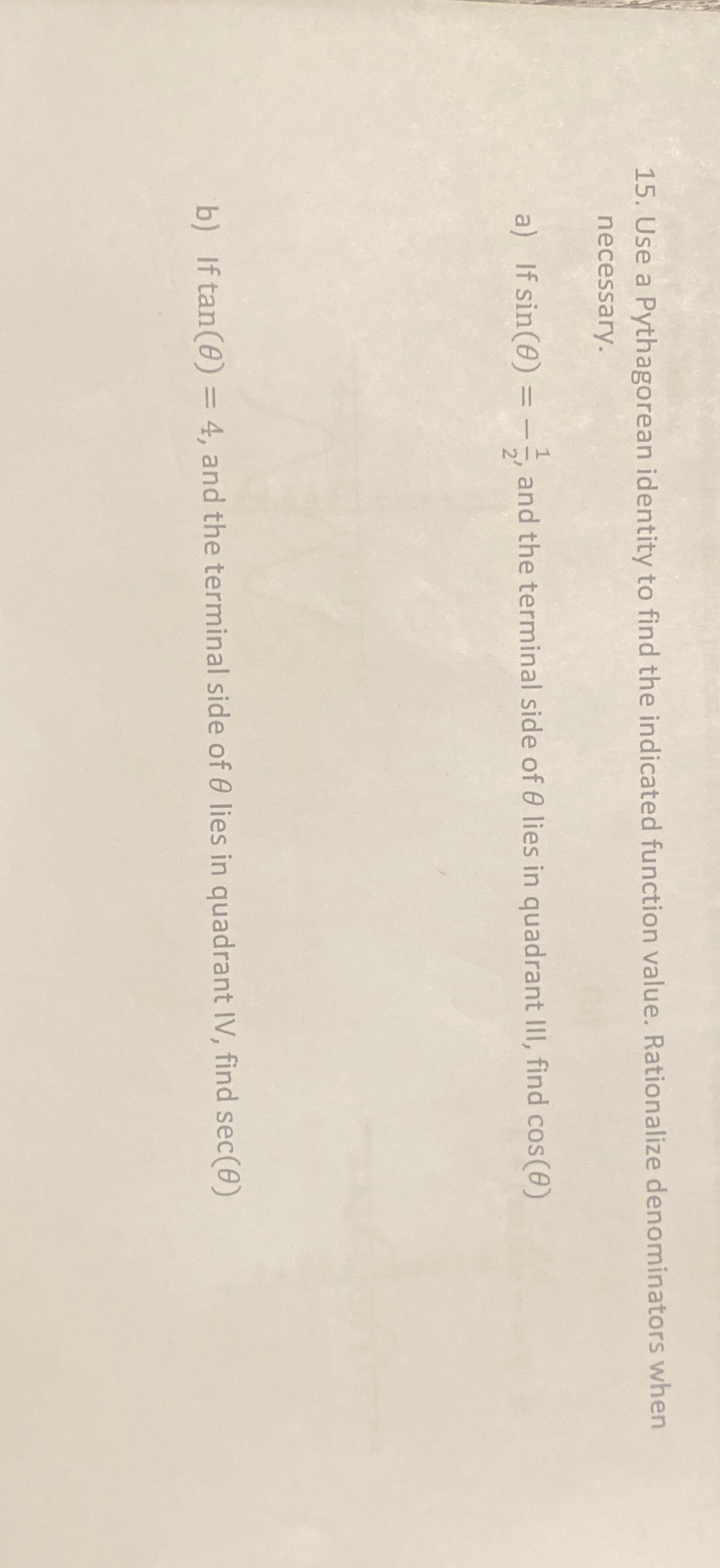 Solved Use a Pythagorean identity to find the indicated | Chegg.com