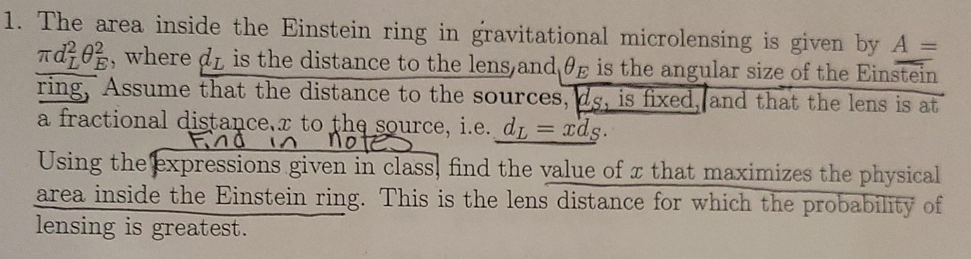 1. The area inside the Einstein ring in gravitational | Chegg.com