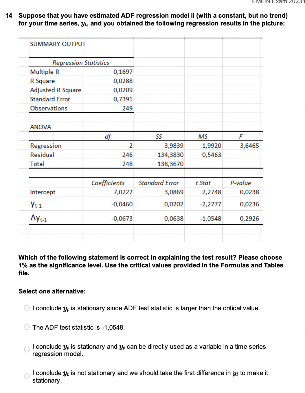 Solved 14 ﻿Suppose that you have estimated ADF regression | Chegg.com