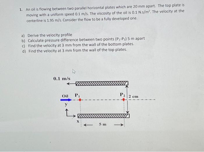 Solved 1. An oil is flowing between two parallel horizontal | Chegg.com