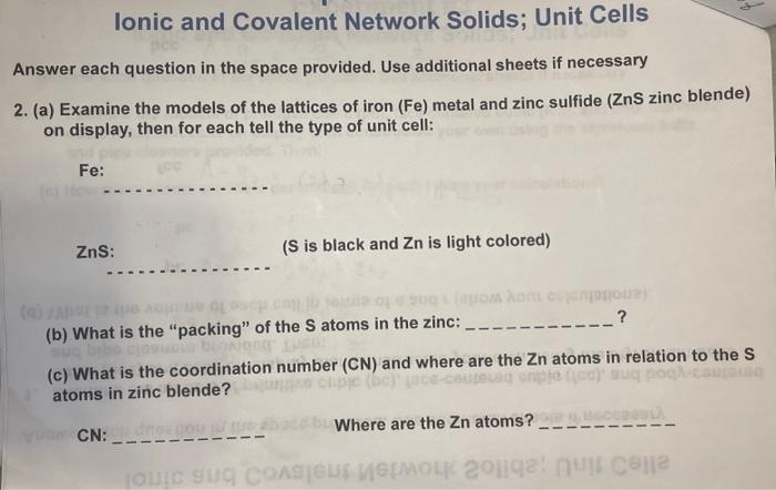 Solved Ionic and Covalent Network Solids; Unit Cells Answer | Chegg.com