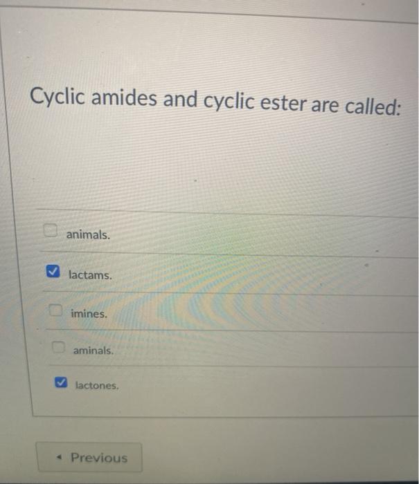 Solved Cyclic amides and cyclic ester are called: animals. | Chegg.com
