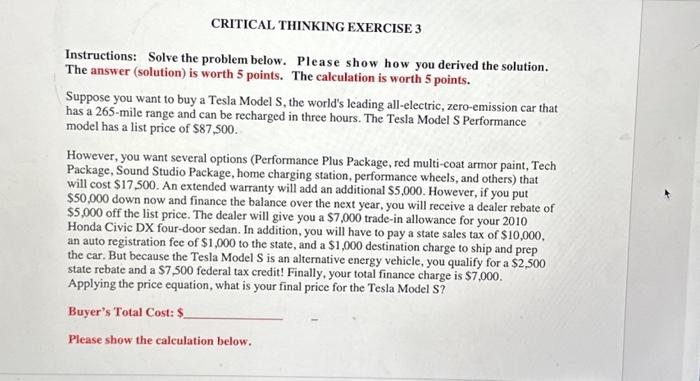 Solved CRITICAL THINKING EXERCISE 3 Instructions: Solve the | Chegg.com