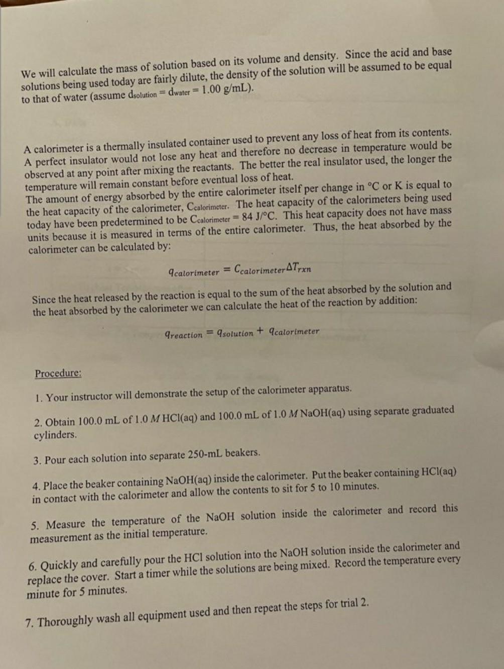 Solved Experiment 3 Calorimetry: Measuring the Heat of a | Chegg.com
