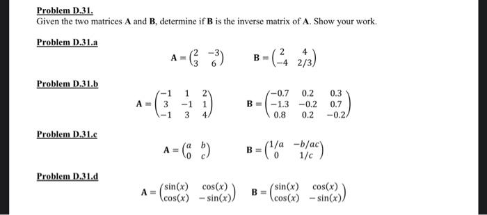 Solved B Problem D.31. Given the two matrices A and B, | Chegg.com