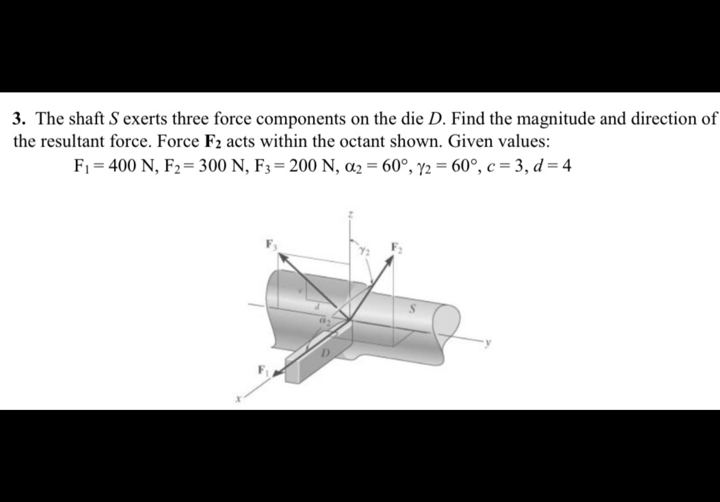 Solved by an EXPERT The shaft S ﻿exerts three force components on the die | Chegg.com