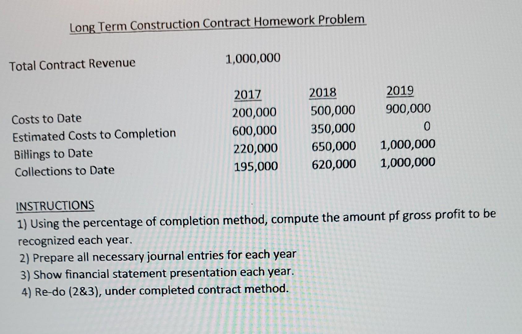 Solved Long Term Construction Contract Homework Problem | Chegg.com