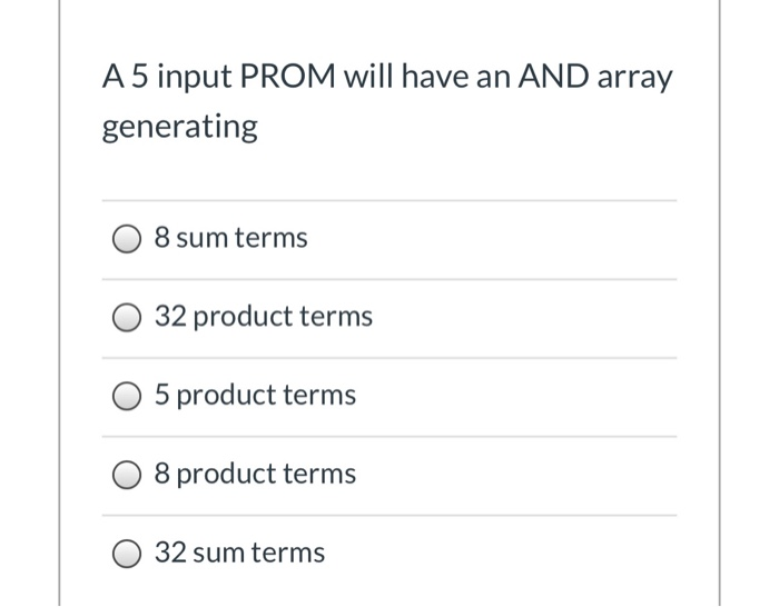 Solved A 5 input PROM will have an AND array generating 8 | Chegg.com Solved A 5 input PROM will have an AND array generating 8 | Chegg.com