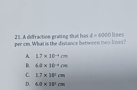 Solved A diffraction grating that has d=6000 ﻿lines per cm. | Chegg.com