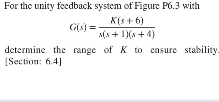Solved For the unity feedback system of Figure P6.3 with | Chegg.com