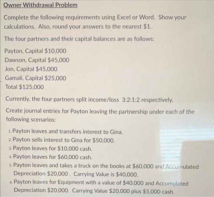 Solved Owner Withdrawal Problem Complete the following | Chegg.com