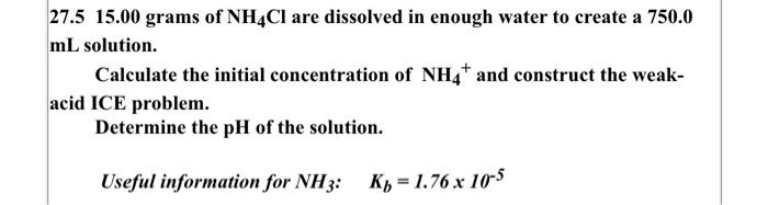 Solved 27.5 15.00 grams of NH4Cl are dissolved in enough | Chegg.com
