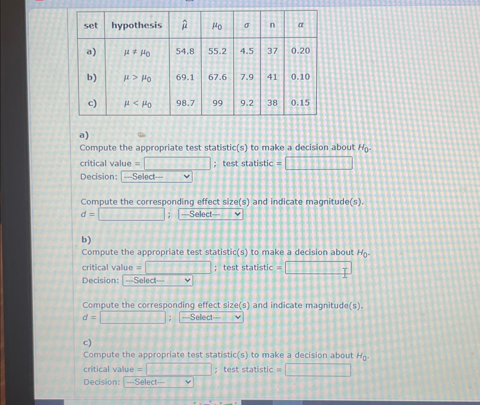 For each of the following set results, compute the | Chegg.com