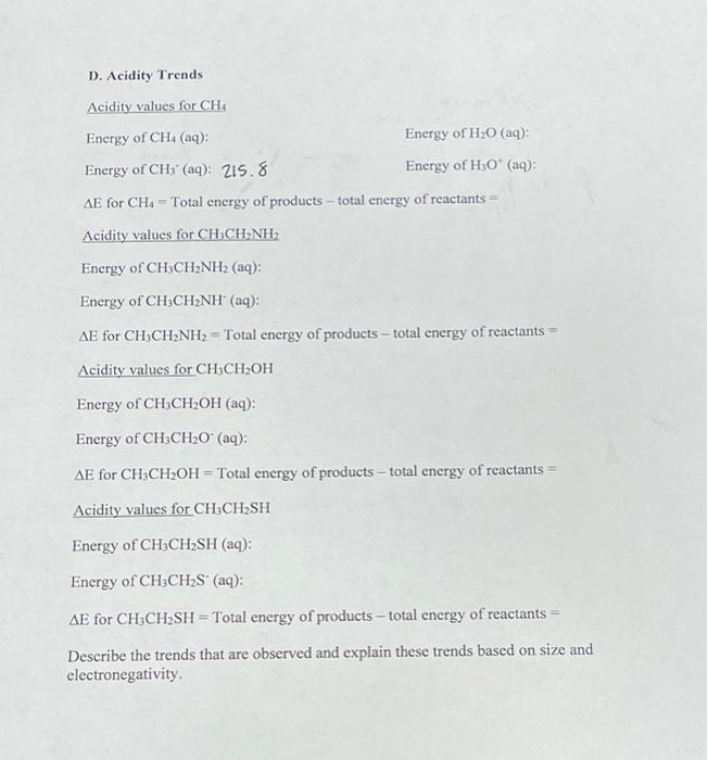 Solved D. Acidity Trends Acidity values for CH4 Energy of | Chegg.com