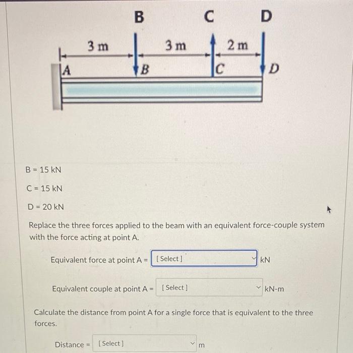 Solved B=15kNC=15kND=20kN Replace the three forces applied | Chegg.com