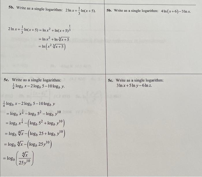 Solved 5b. Write as a single logarithm: 2lnx+31ln(x+5). 5b. | Chegg.com
