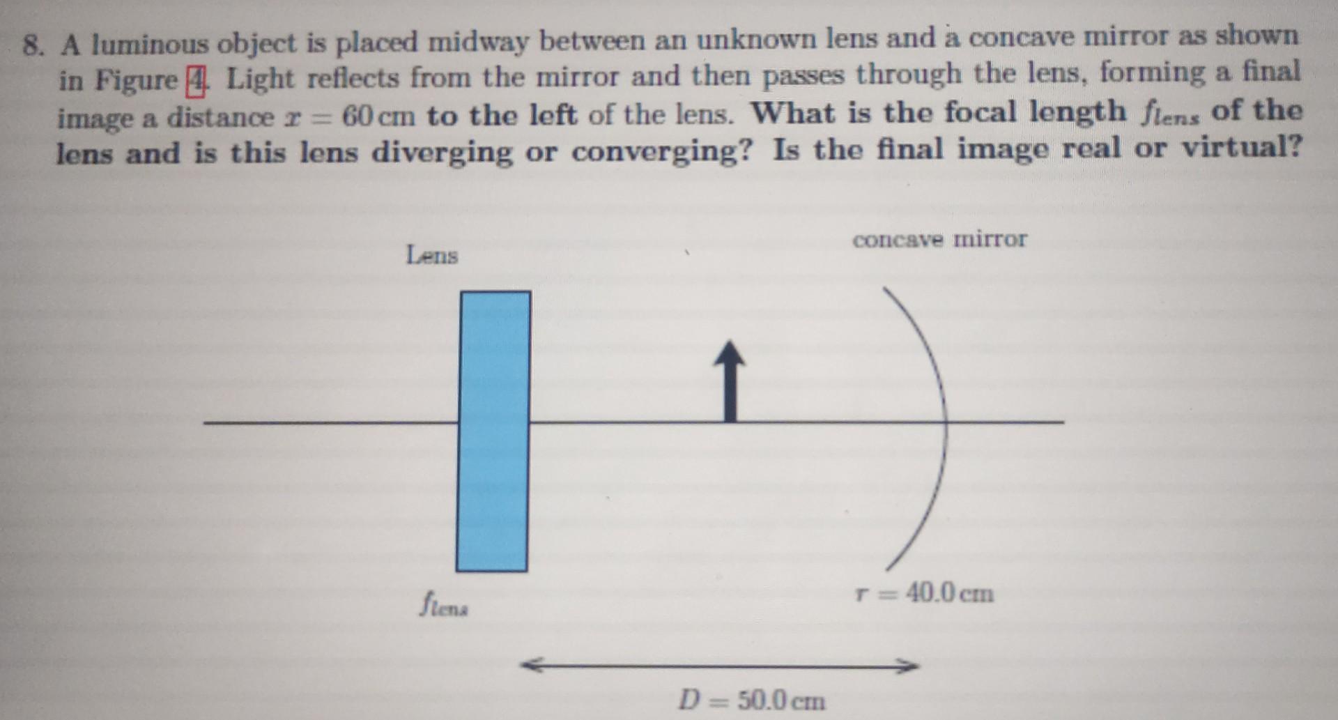 Solved 8. A luminous object is placed midway between an | Chegg.com