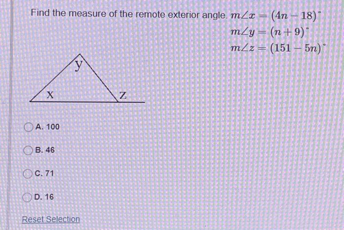 Solved Find the measure of the remote exterior angle. m/x X | Chegg.com