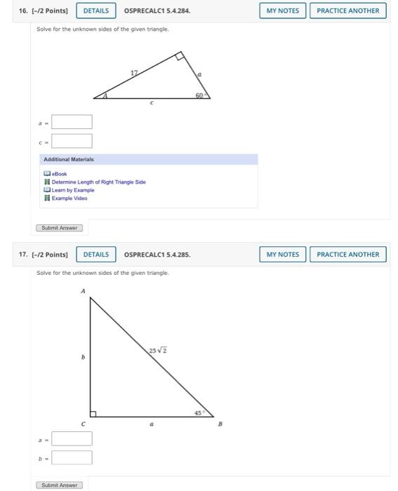 Solved 16. [-/2 Points] Solve for the unknown sides of the | Chegg.com