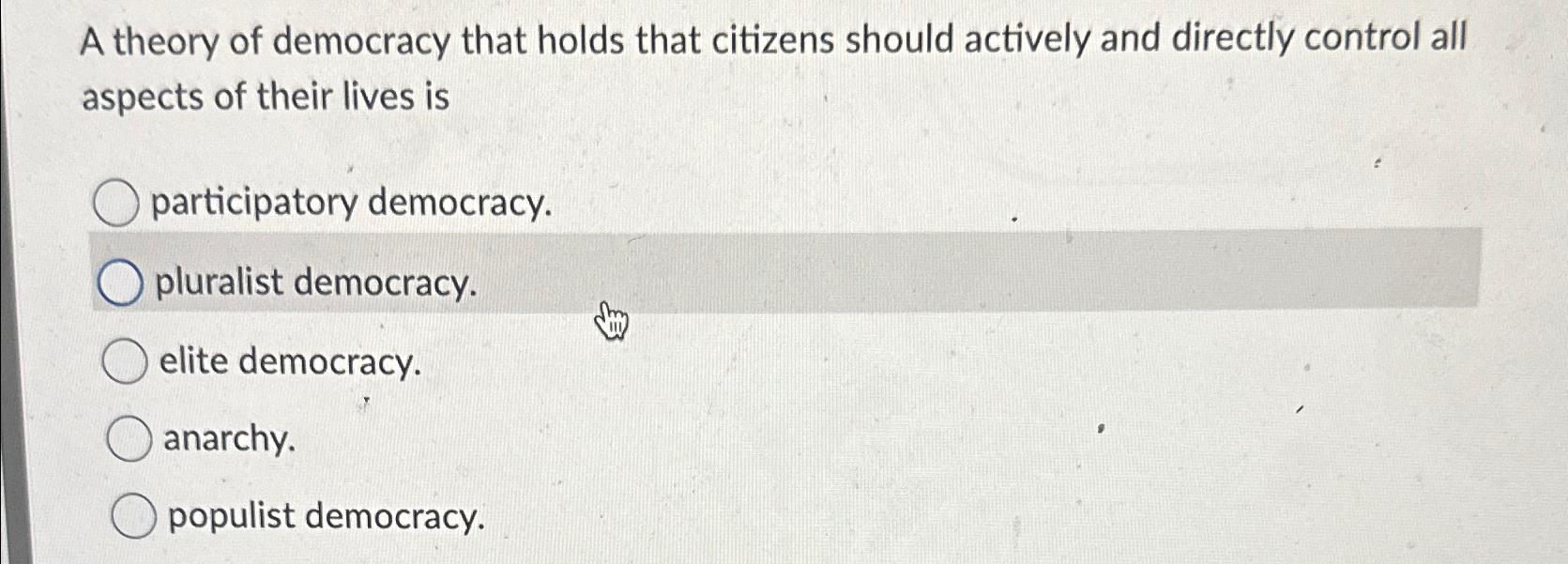 Solved A theory of democracy that holds that citizens should | Chegg.com