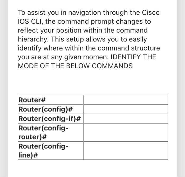 Solved To assist you in navigation through the Cisco IOS | Chegg.com