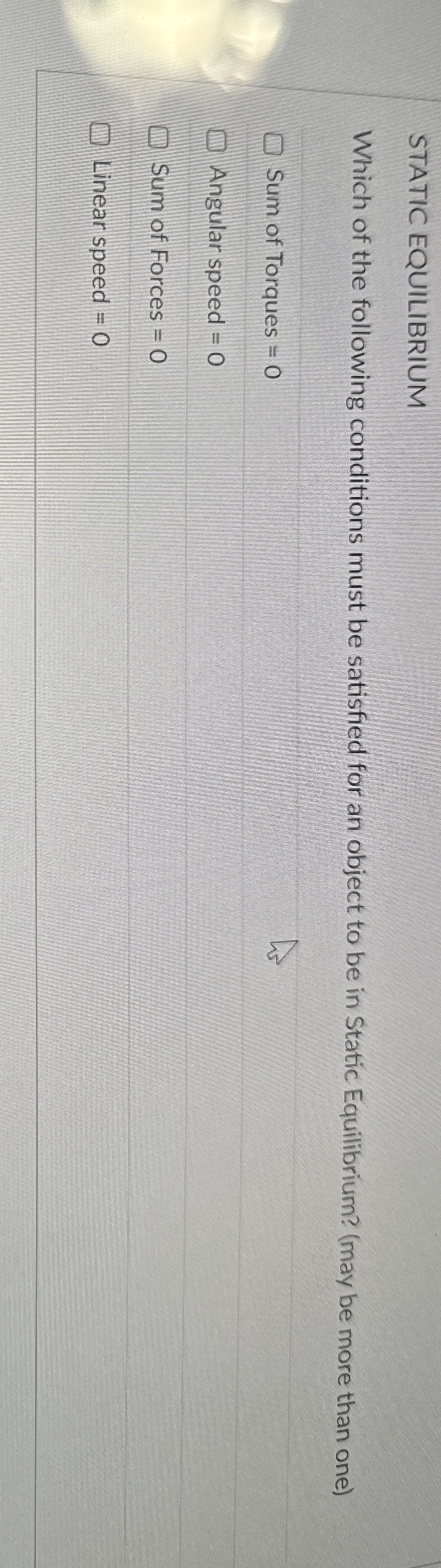 Solved STATIC EQUILIBRIUMWhich of the following conditions | Chegg.com