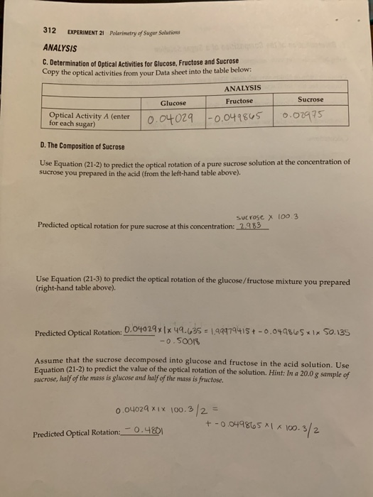 EXPERIMENT 21 Polarimetry of Sugar Solutions 313 | Chegg.com
