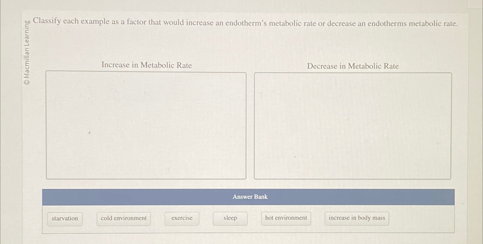 Solved Decrease in Metabolic RateAnswer Bankstarvationcold | Chegg.com