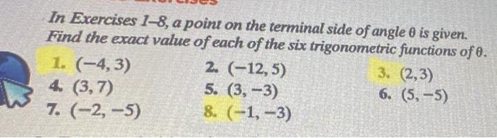 Solved In Exercises 1–8, a point on the terminal side of | Chegg.com