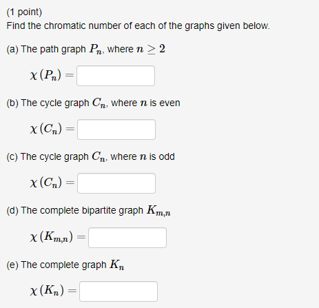 Solved (1 ﻿point)Find the chromatic number of each of the | Chegg.com