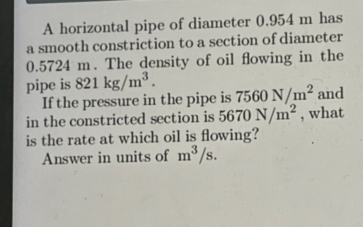 Solved A horizontal pipe of diameter 0.954m ﻿has a smooth | Chegg.com