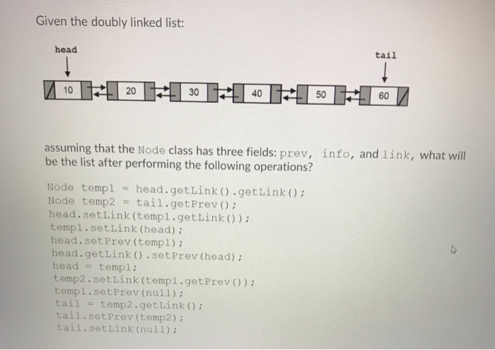 Solved Given the doubly linked list: head tail 10 20 30 60 | Chegg.com