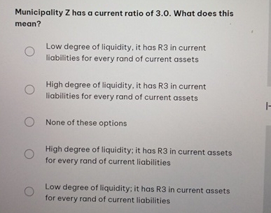 Solved Municipality Z has a current ratio of 3.0. ﻿What does | Chegg.com
