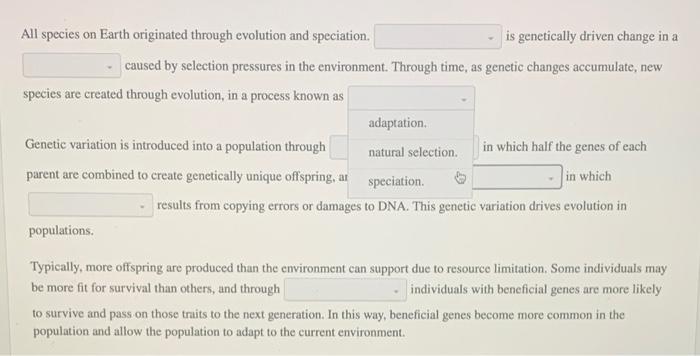 Solved Complete the passage describing evolution and | Chegg.com