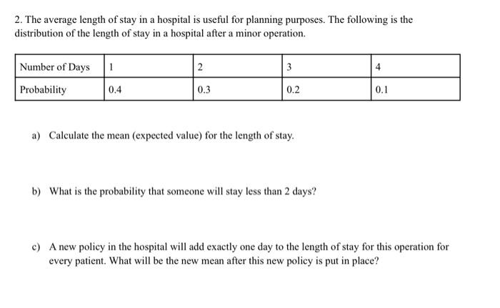 Solved 2. The average length of stay in a hospital is useful | Chegg.com