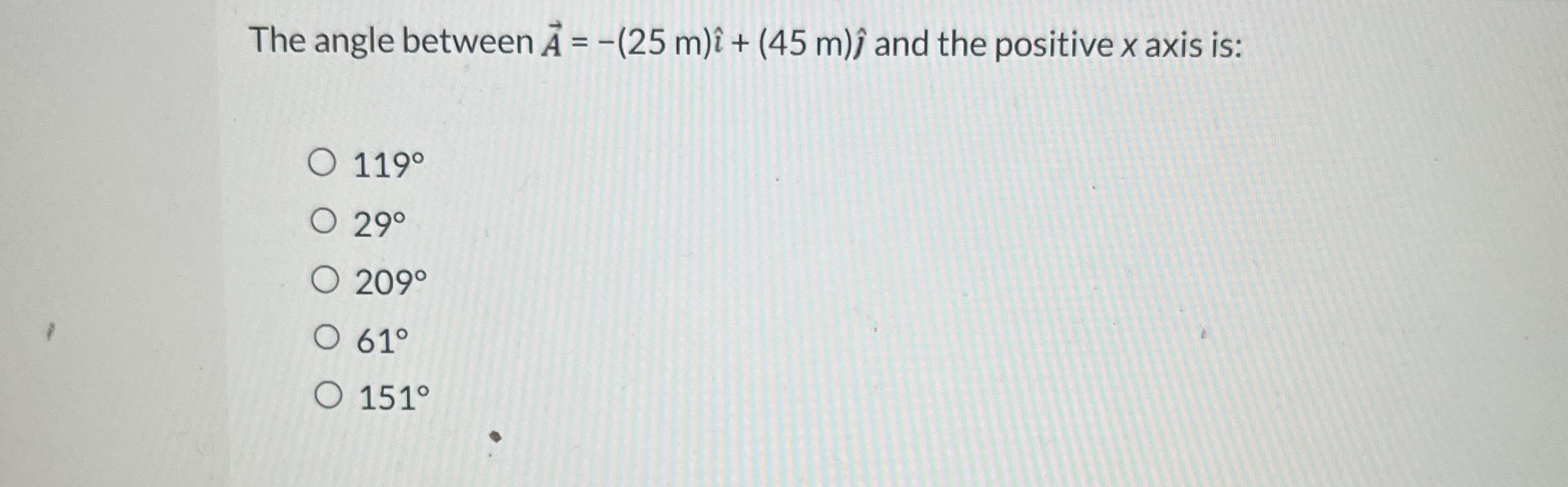 Solved The angle between vec(A)=-(25m)hat(ı)+(45m)hat(ȷ) | Chegg.com