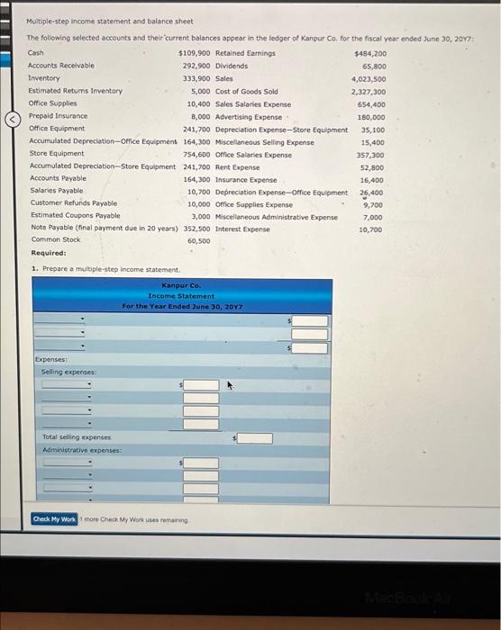 Solved Multiple-step income statement and balance sheet The | Chegg.com